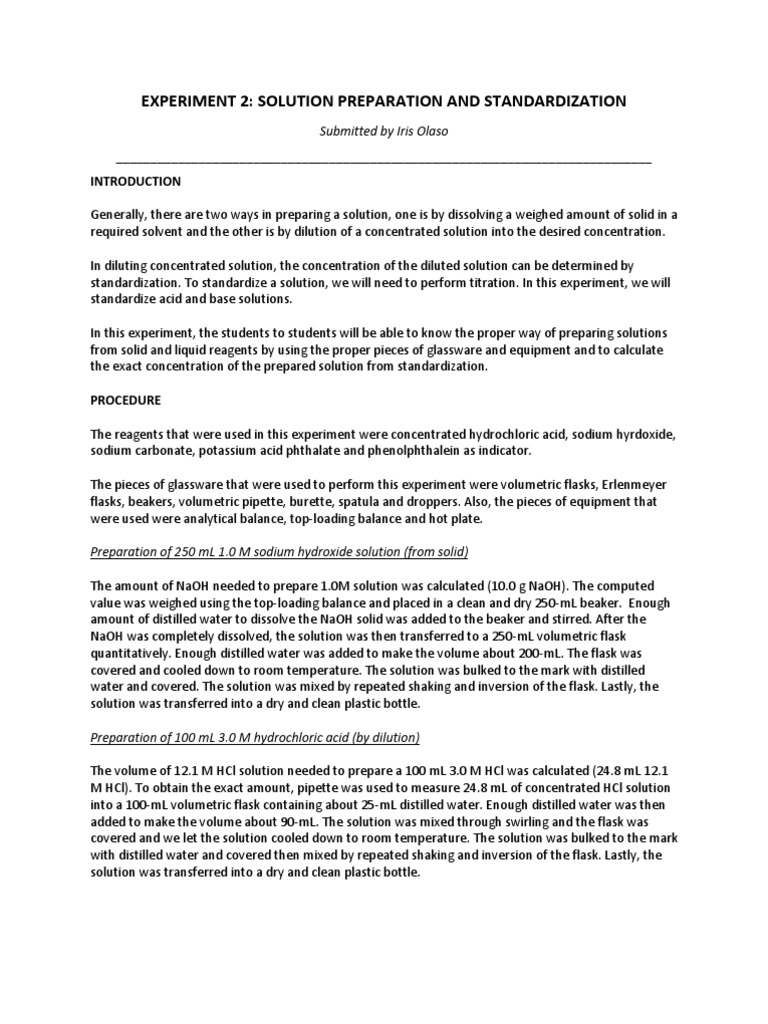 Preparation and Standardization of Solutions | PDF | Titration | Chemistry