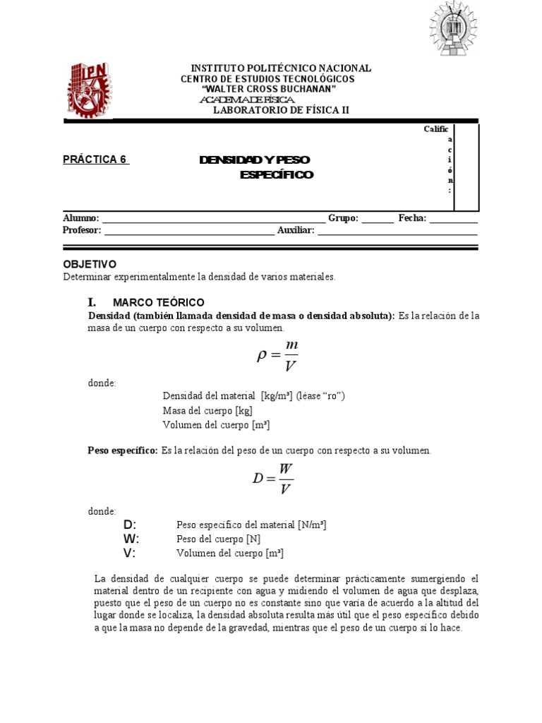 Practica 6 Densidad y Peso Especifico F-II 2009 | PDF | Densidad | Peso ...