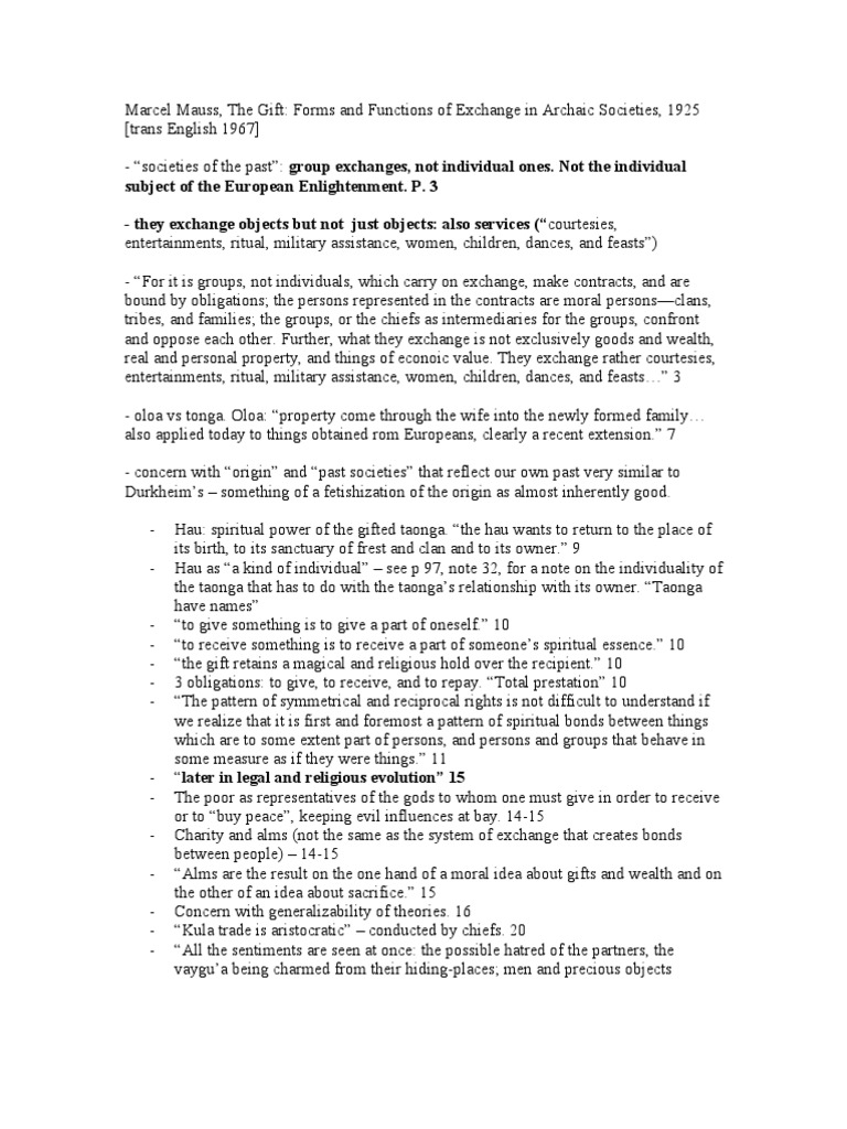 Notes On Mauss The Gift | PDF | Religion And Belief | Science