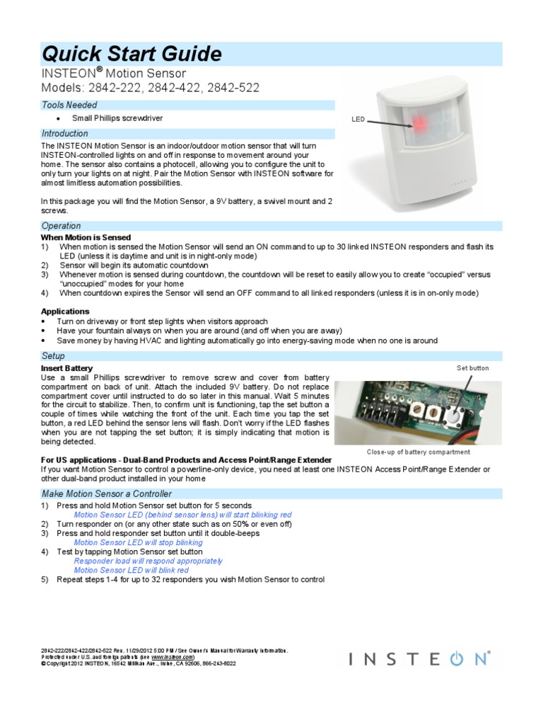 Quick Start Guide: Insteon Motion Sensor Models: 2842-222, 2842-422, 2842-522 | PDF | Light ...