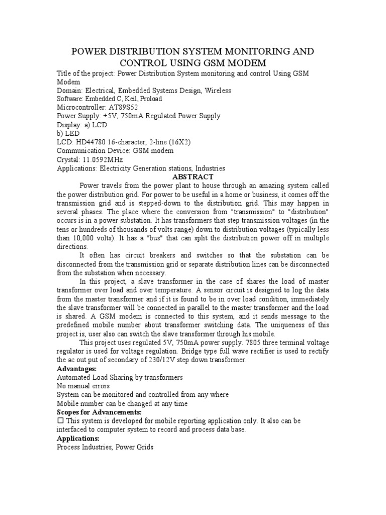 Power Distribution Using GSM Modem | PDF | Electric Power Distribution ...