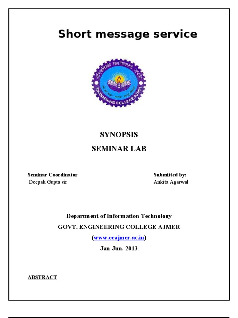 Short Message Service: Synopsis Seminar Lab | PDF