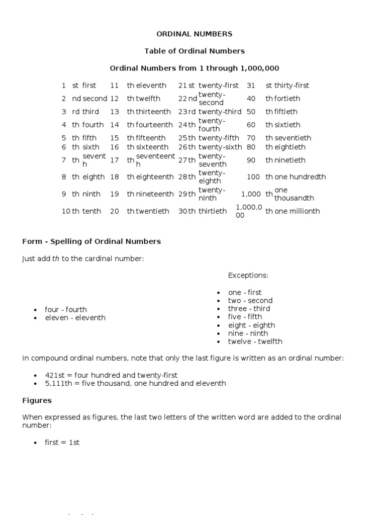 Ordinal Numbers Table of Ordinal Numbers Ordinal Numbers From 1 Through ...