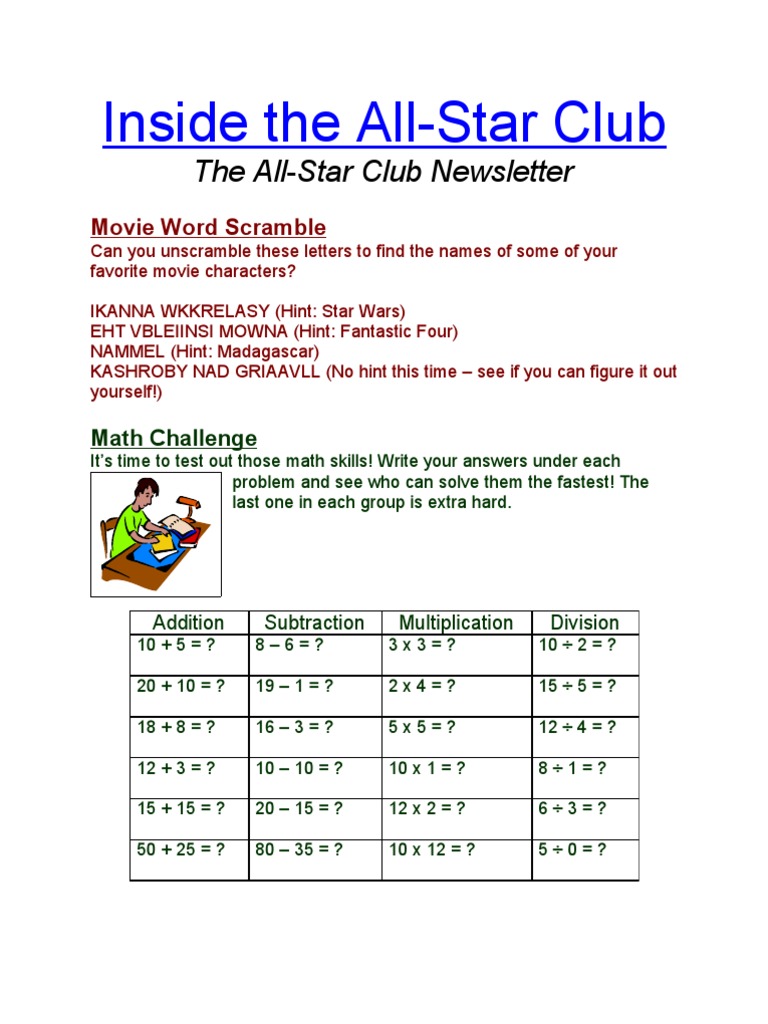 All-Star Club Newsletter Activities | PDF