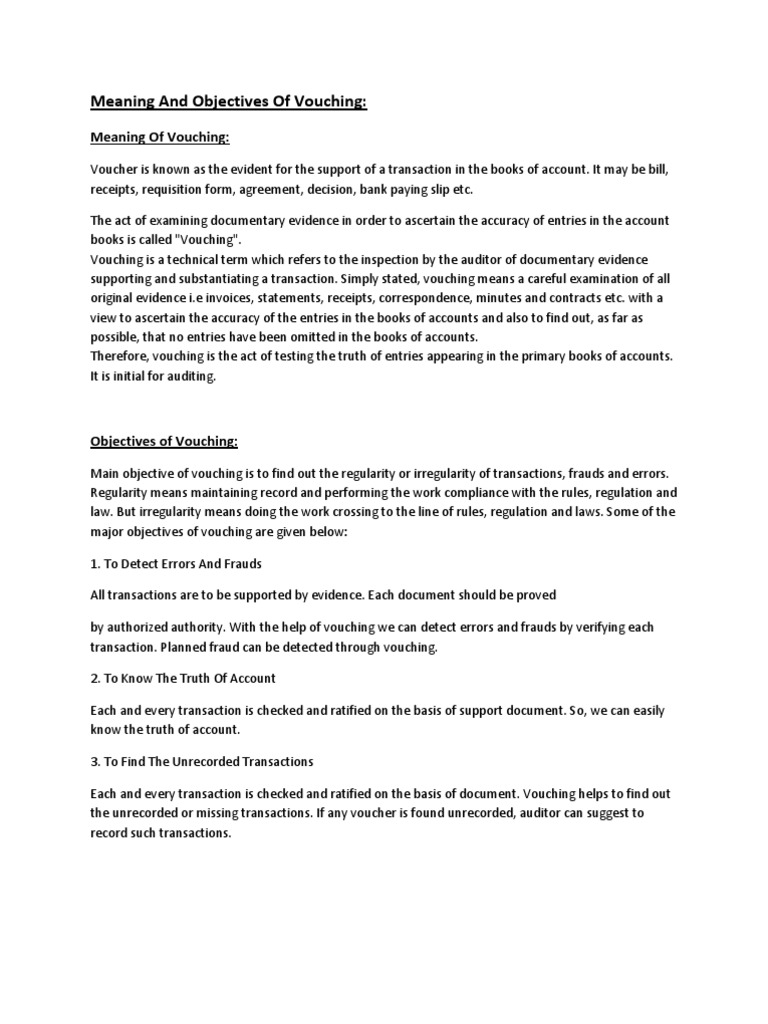 Meaning and Objectives of Vouching | PDF | Financial Transaction | Audit