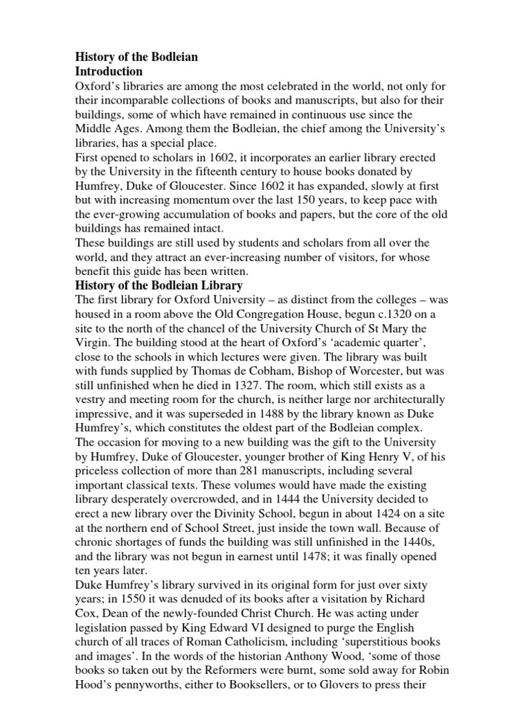 History of The Bodleian | PDF | Libraries | Library And Museum