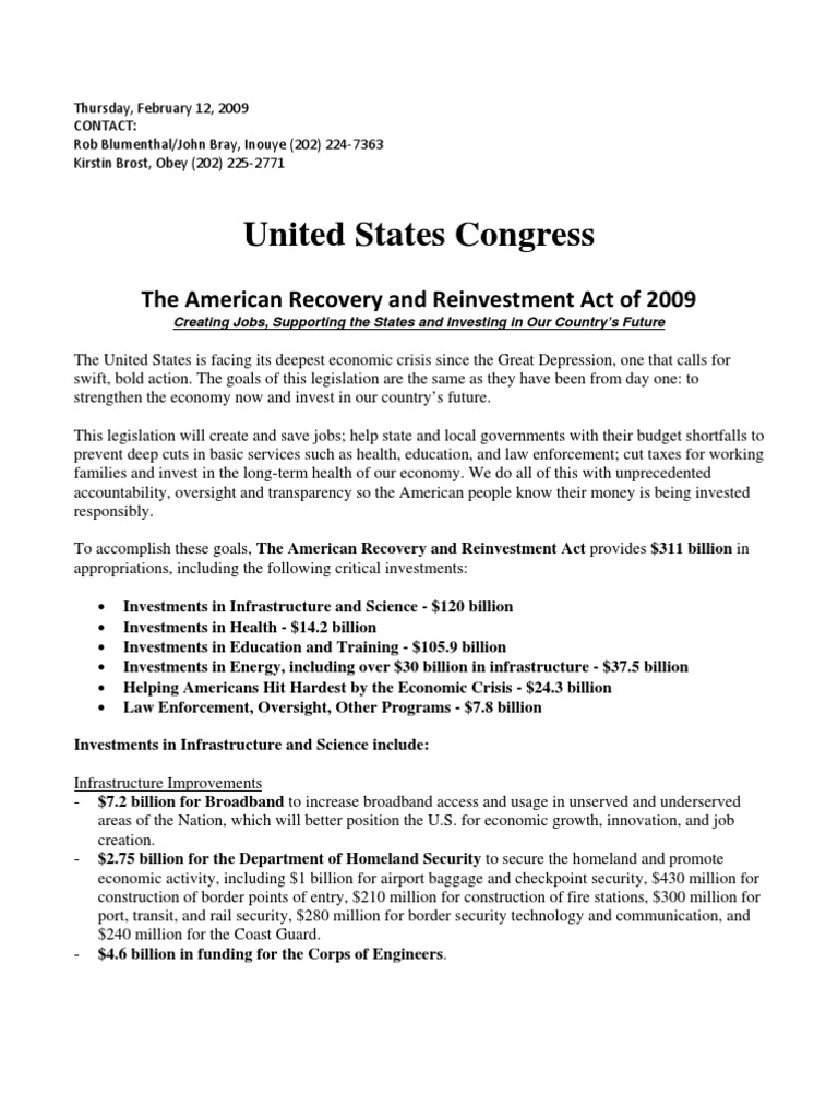 United States Congress: The American Recovery and Reinvestment Act of ...