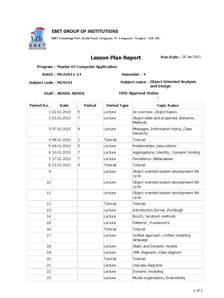 Lesson Plan Report OOAD | PDF | Object (Computer Science) | Object Oriented Programming
