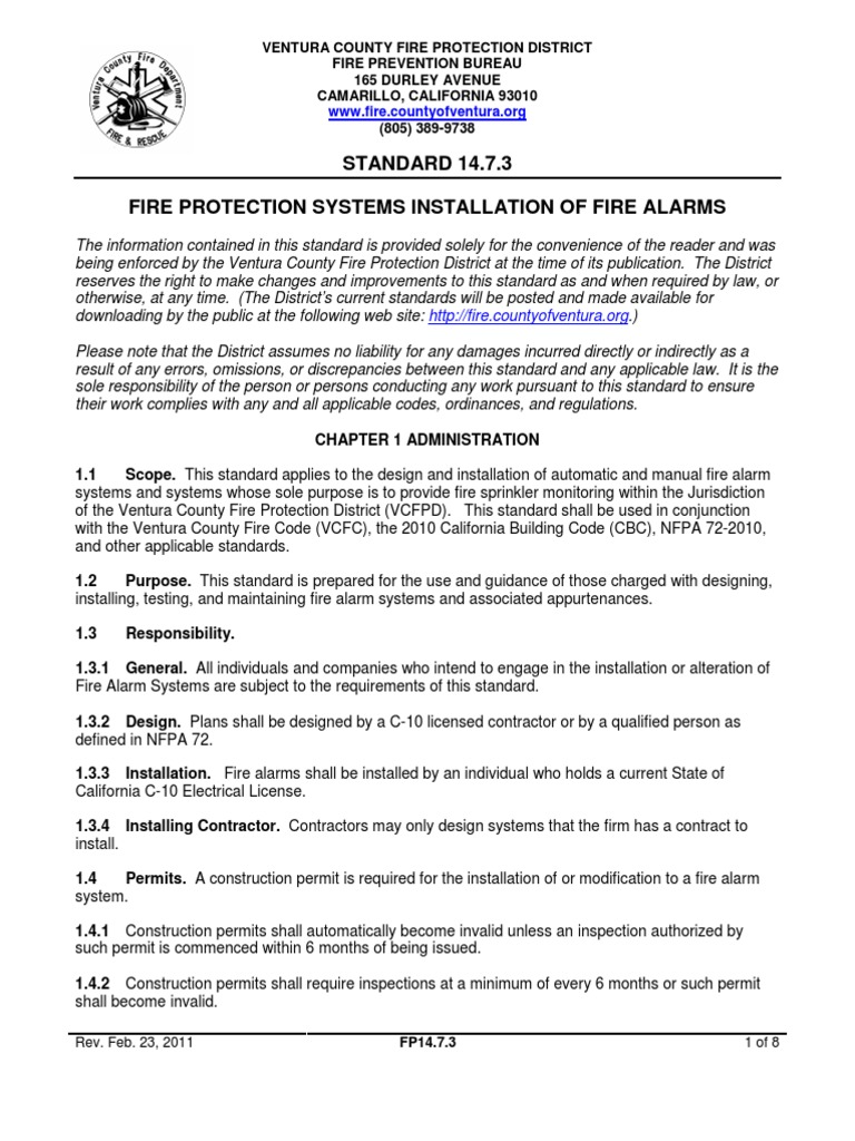 STANDARD 14.7.3 Fire Protection Systems Installation of Fire Alarms ...