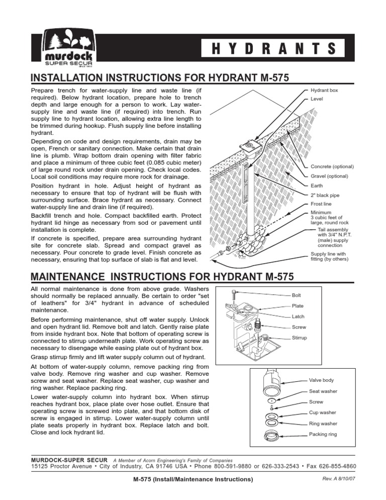 Installation Instructions For Hydrant M-575 | PDF | Drainage | Concrete