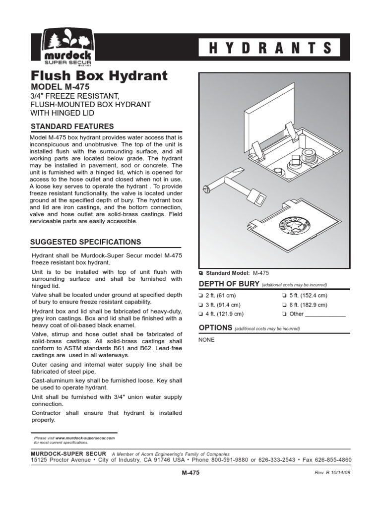 Flush Box Hydrant: MODEL M-475 | PDF | Building Engineering | Science