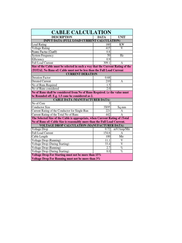 Cable Sizing Calculation | PDF