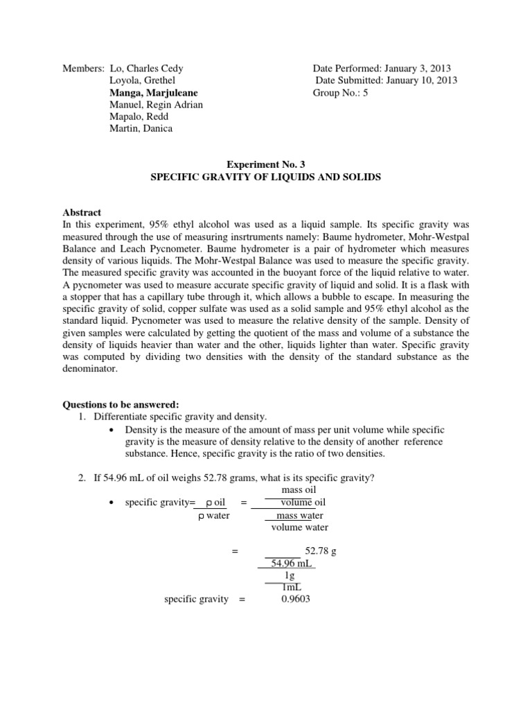 Specific Gravity Lab Report | PDF | Density | Quantity