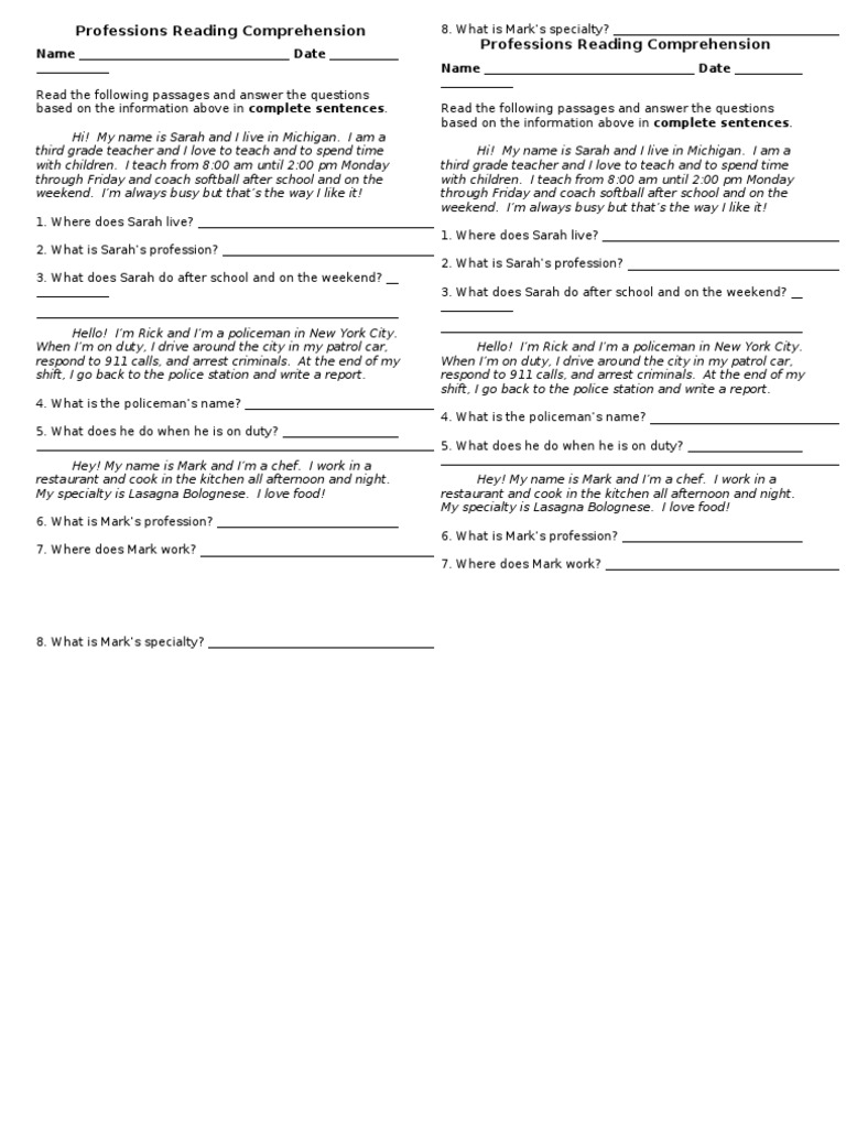 Professions Reading Comprehension. | PDF