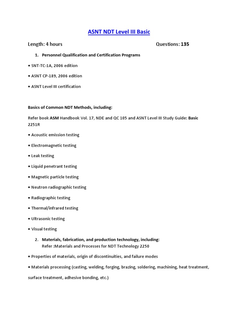 Asnt NDT Level Iii Basic Requirements | PDF | Nondestructive Testing ...
