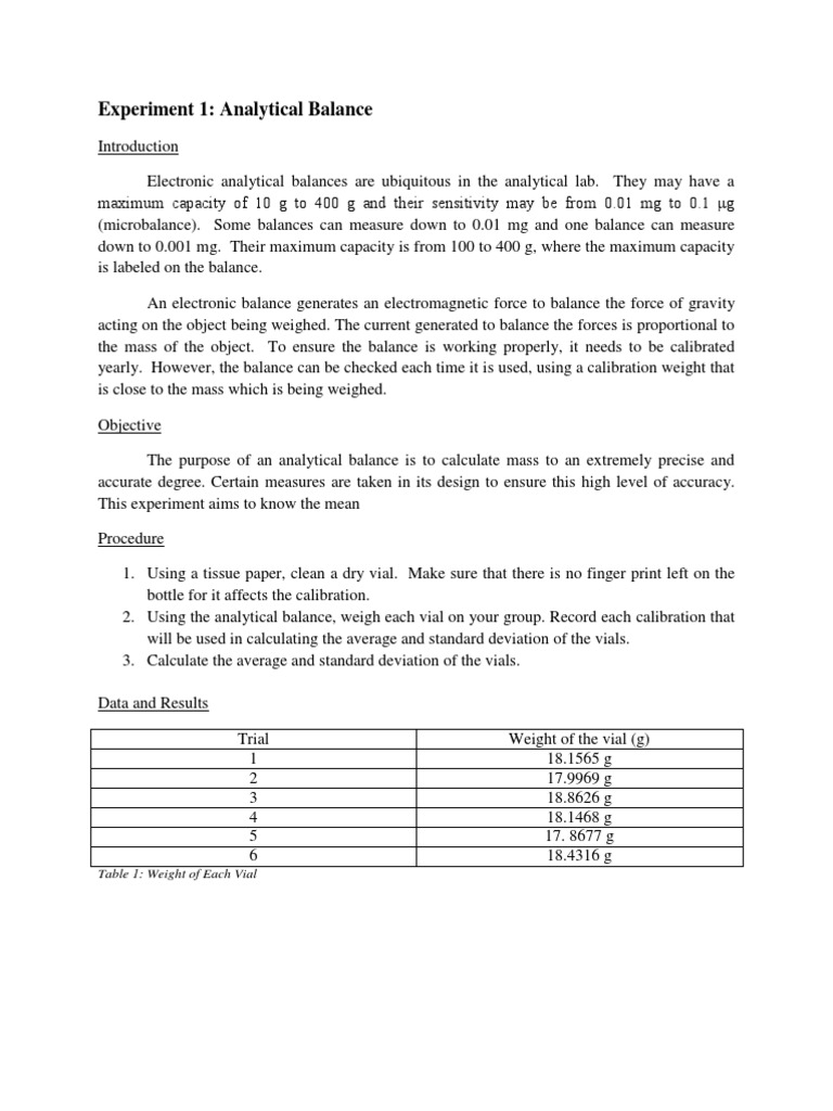 Experiment 1: Analytical Balance: Table 1: Weight of Each Vial | PDF ...