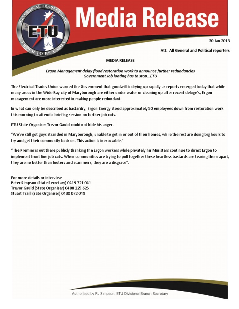 ETU QLD NT Media Release - Ergon Redundancies 30012013 | PDF