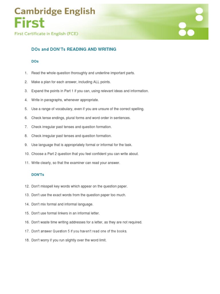 Dos and Don'Ts Reading and Writing | PDF | Test (Assessment) | English ...