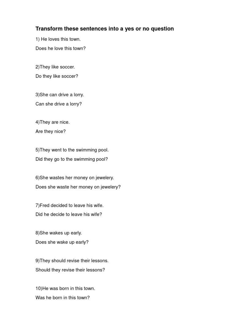 Transforming Sentences to Yes/No Questions | PDF