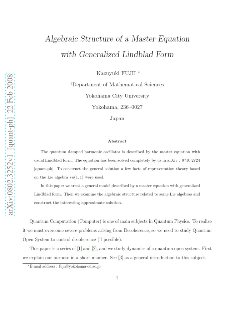Algebraic Structure of A Master Equation With Generalized Lindblad Form ...