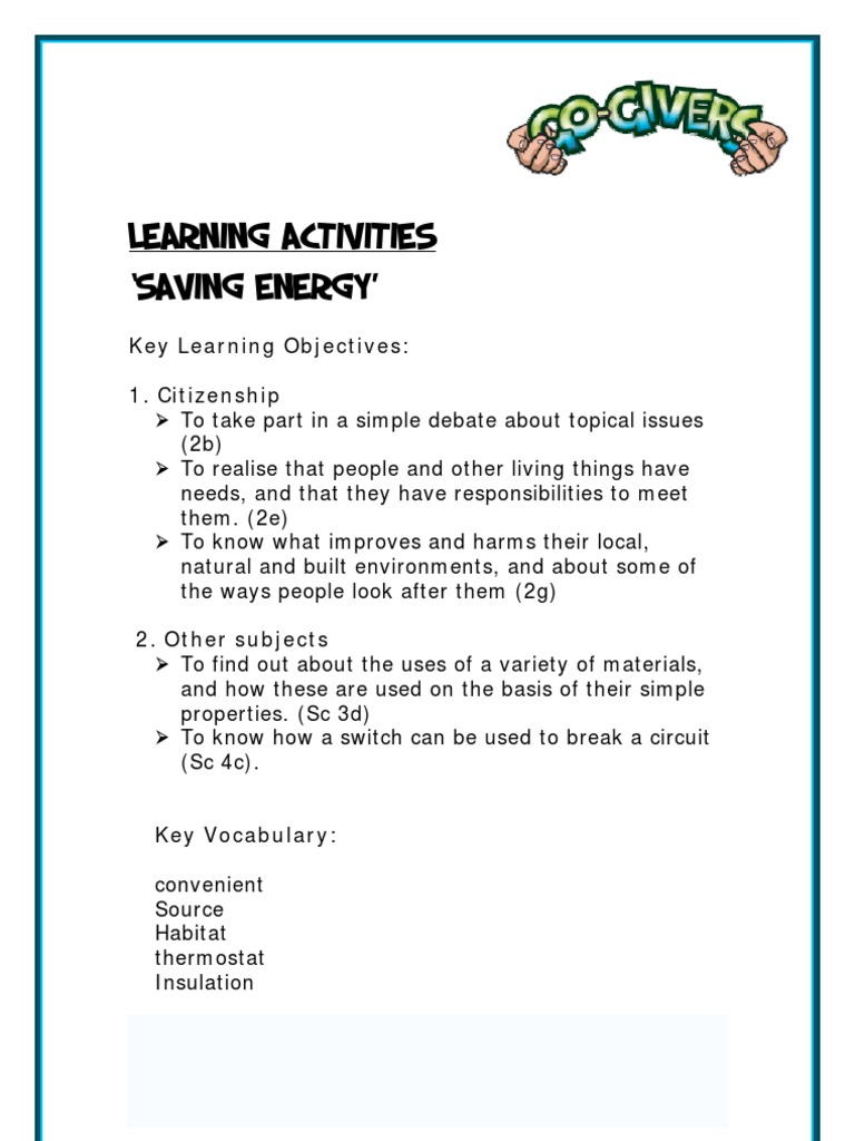 Learning Activities Saving Energy': Key Learning Objectives: 1 ...