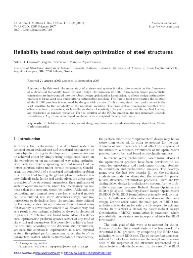Reliability Based Robust Design Optimization of Steel Structures | PDF ...