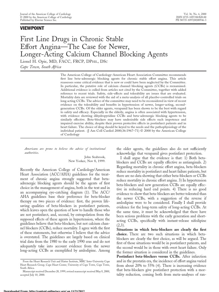 First Line Drugs in Chronic Stable Effort Angina-The Case For Newer ...