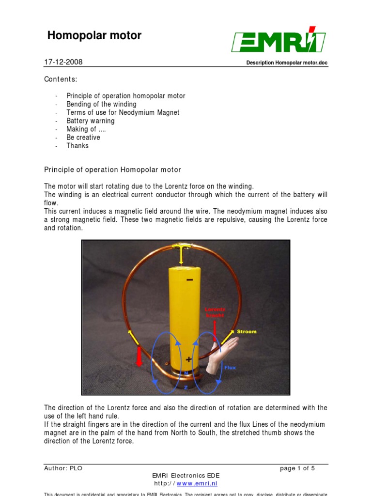 Homopolar Motor: Principles and Safety | PDF | Electromagnetism | Force