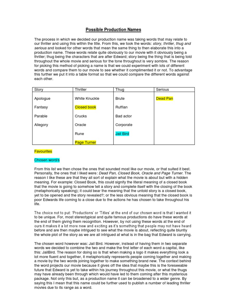 Possible Production Names | PDF | General Fiction