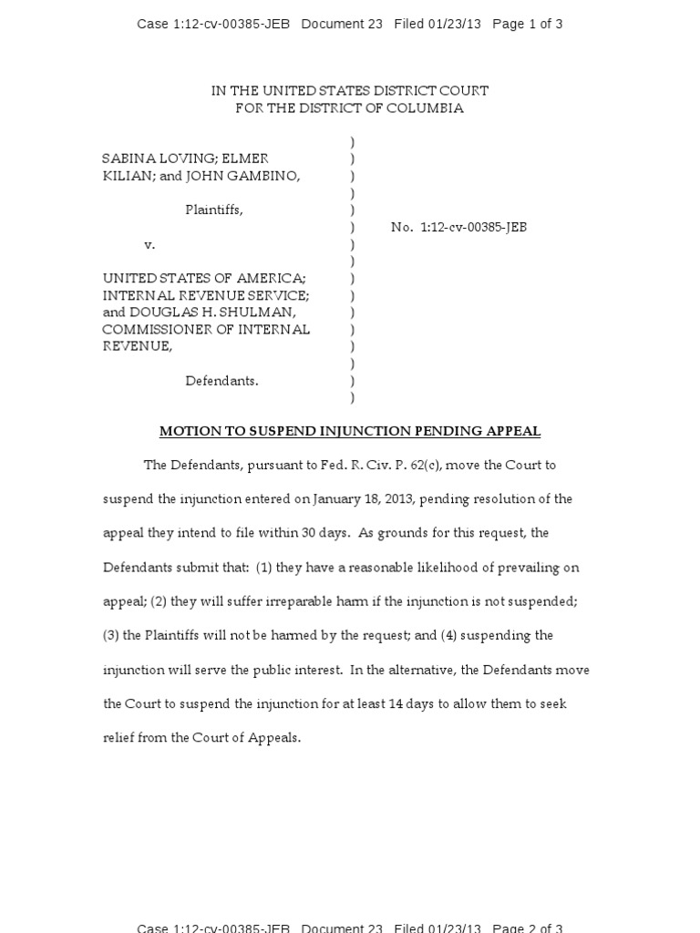 IRS Motion To Suspend Injunction Pending Appeal | Internal Revenue ...