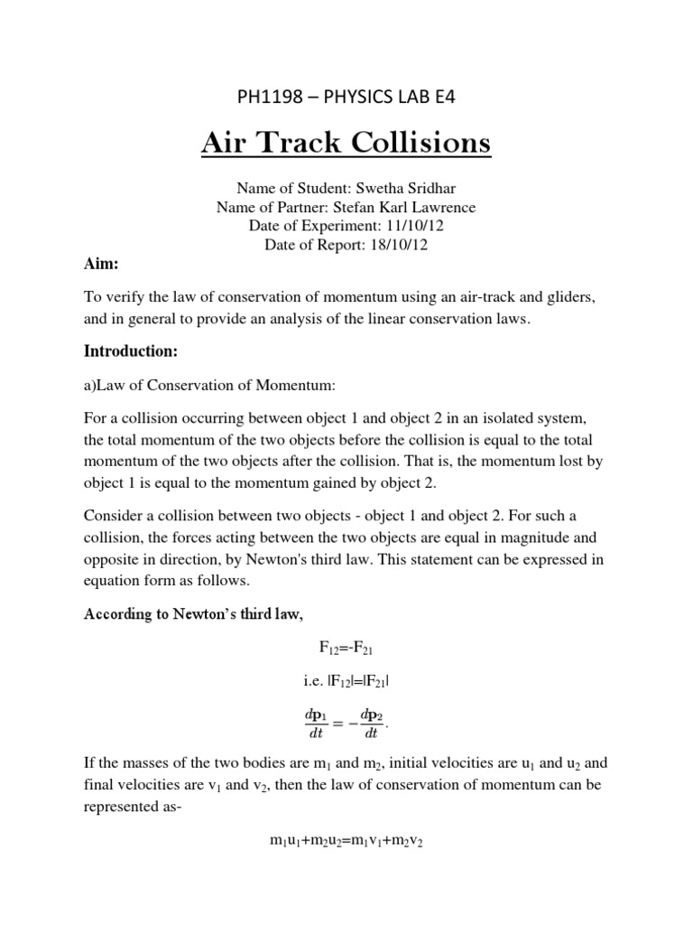 Air Track Collisions: Ph1198 - Physics Lab E4 | PDF | Collision | Momentum