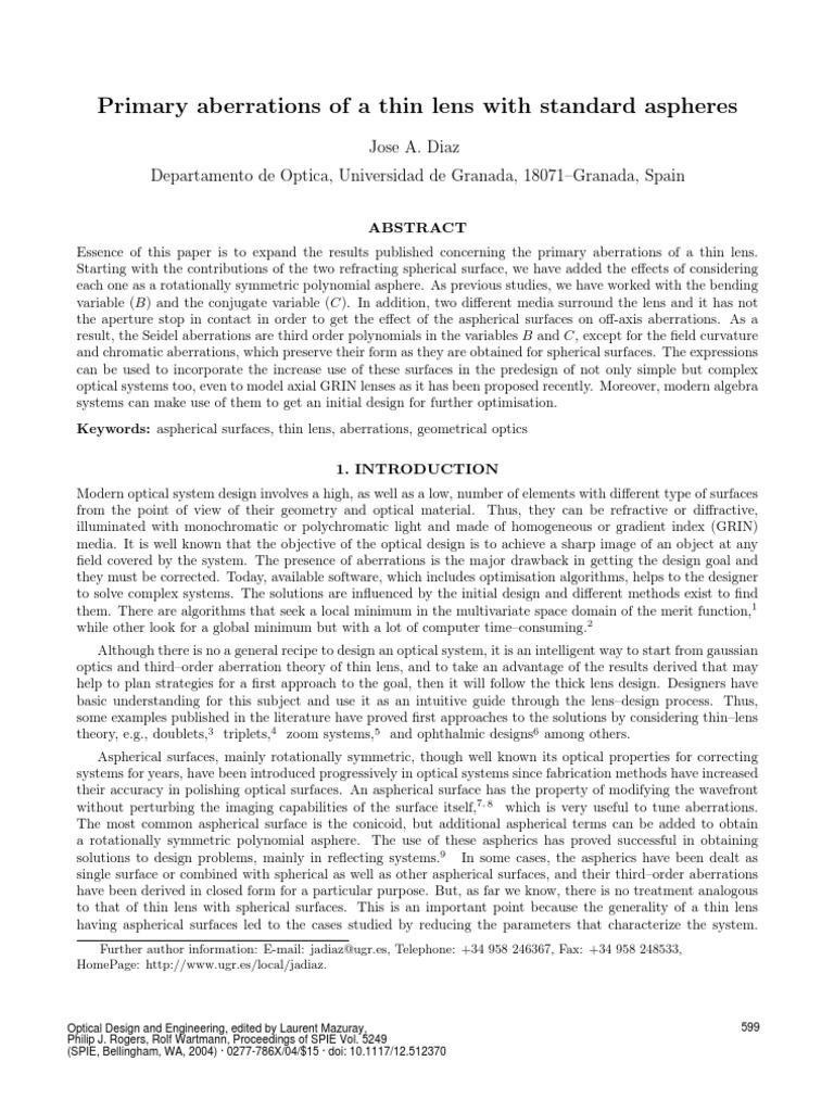 Primary Aberrations of A Thin Lens With Standard Aspheres PDF | PDF ...