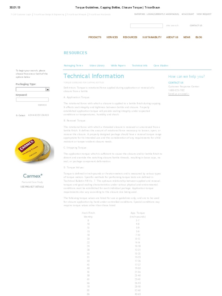 Torque Guidelines, Capping Bottles, Closure Torque - TricorBraun PDF ...