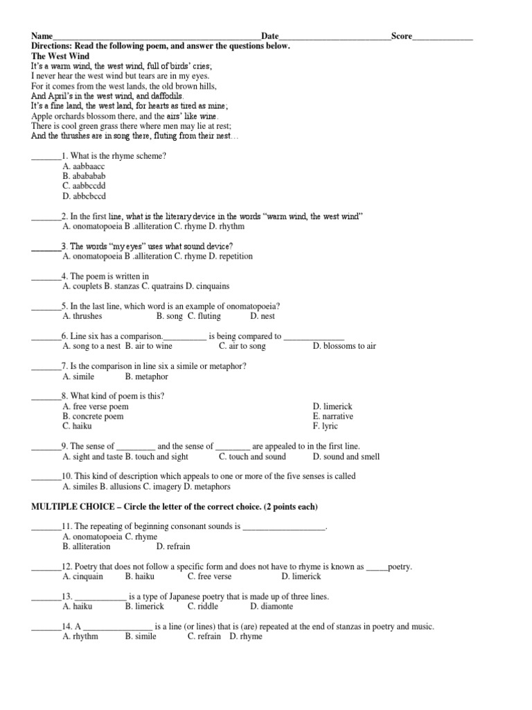 Poetry Diagnostic Test | PDF | Rhyme | Literary Theory