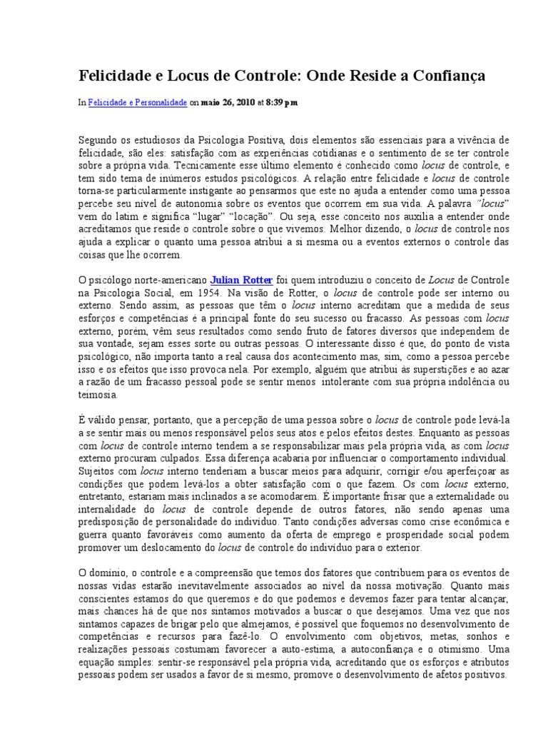 Locus de Controle | PDF | Felicidade | Psicologia