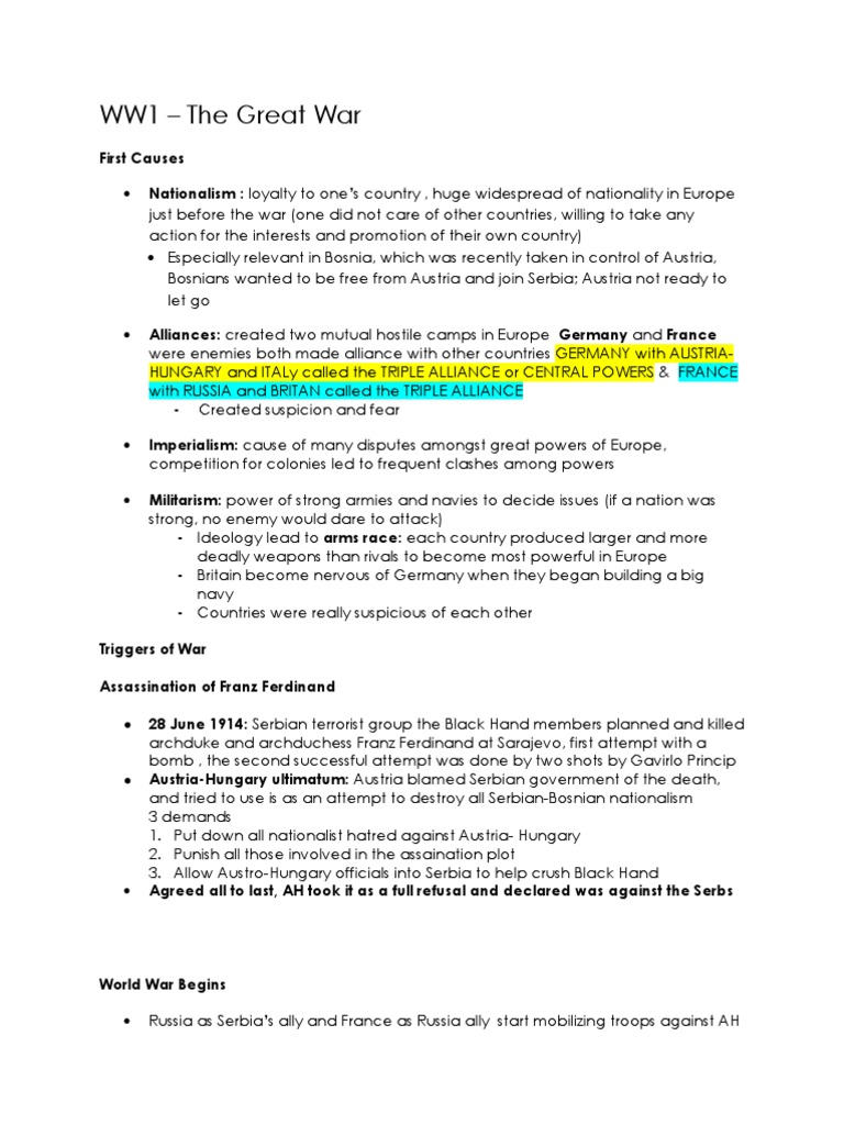 WW1 Grade 10 History Notes | PDF | Austria Hungary | World War I