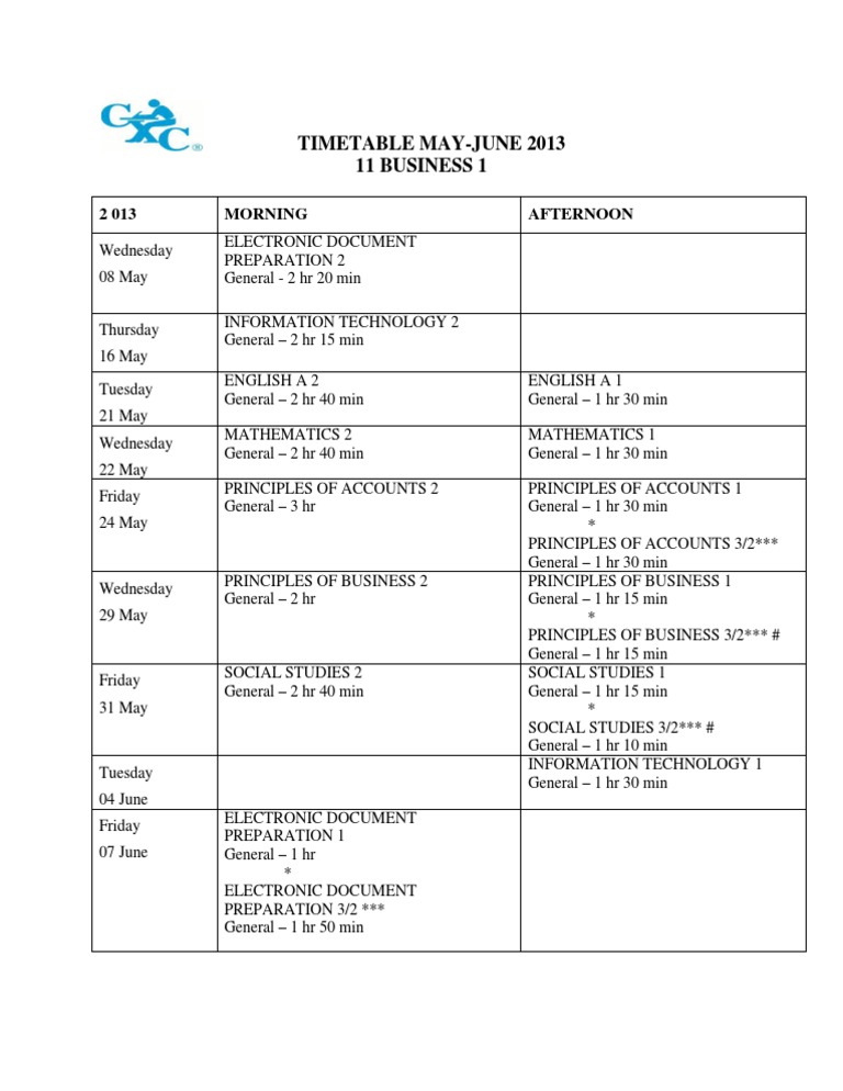 Timetable May-June 2013 11 Business 1: 2 013 Morning Afternoon | PDF