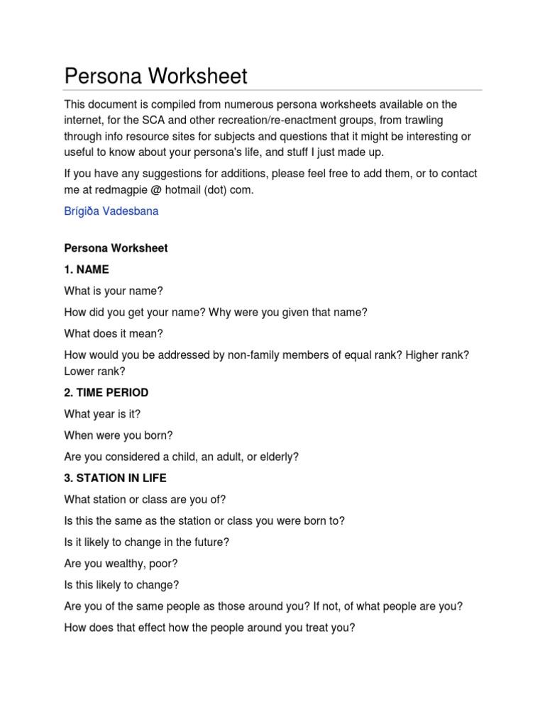 SCA Persona Worksheet | PDF | Sibling | Marriage