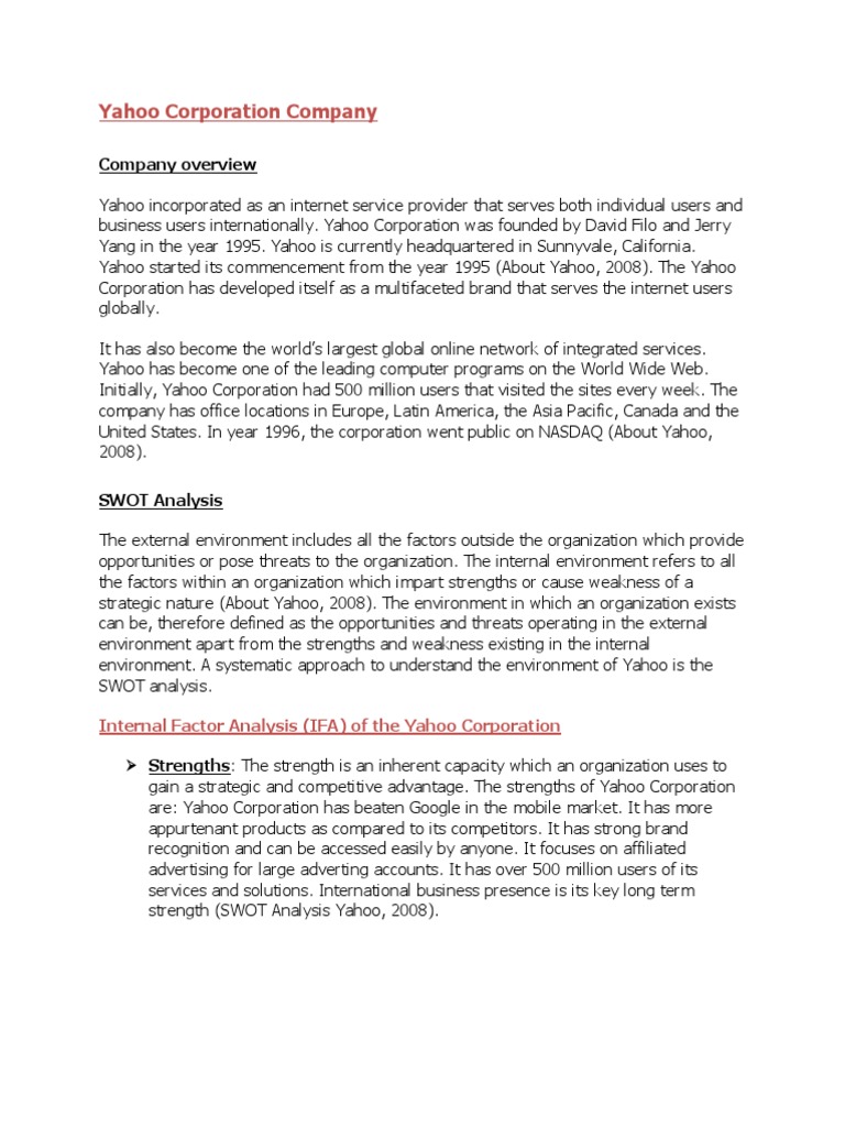 Yahoo Corporation SWOT Analysis Overview | PDF | Yahoo! | Swot Analysis