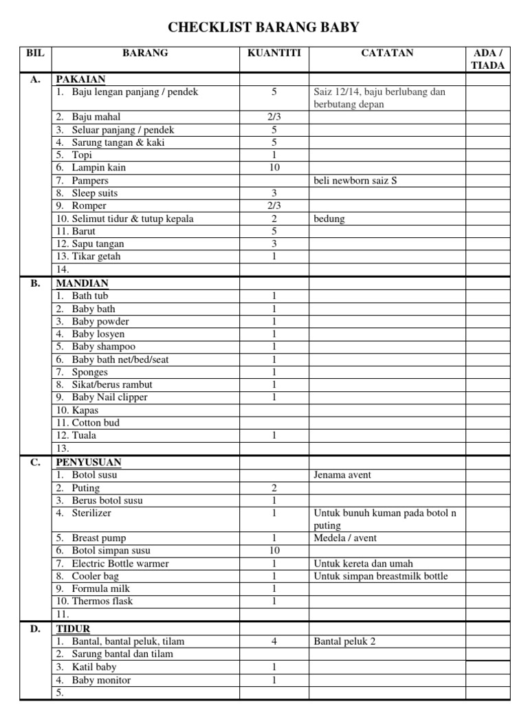 Checklist Barang Baby | PDF