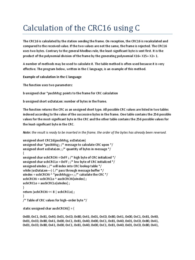 Calculation of The CRC16 Using C | PDF | Theoretical Computer Science | Algorithms And Data ...