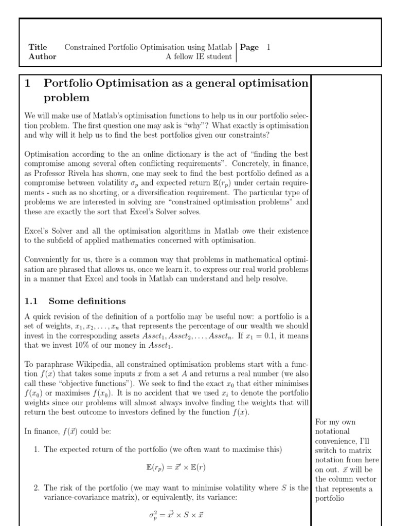 Portfolio Optimisation In Matlab Pdf Mathematical Optimization Matrix Mathematics