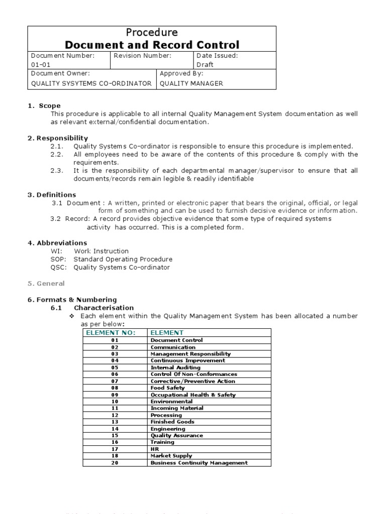 Document Control Procedure Quality Management System Specification 
