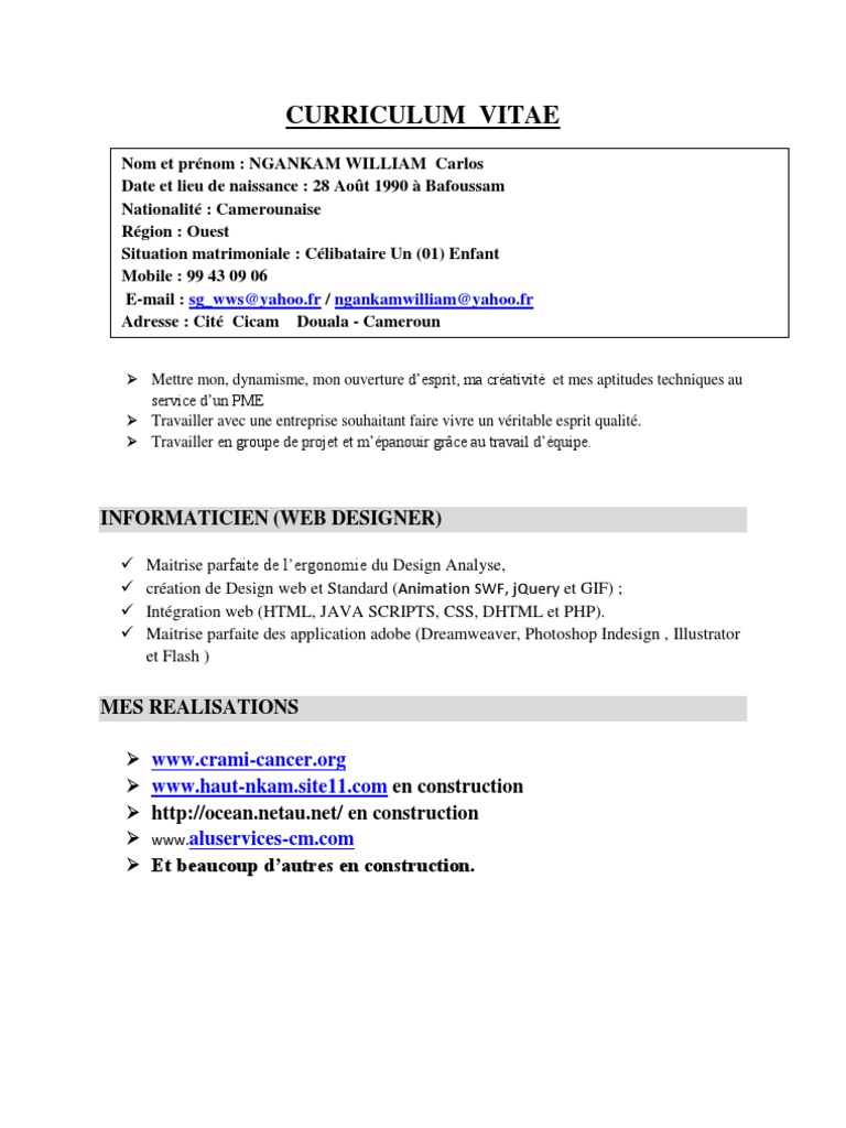 CV Informaticien - Ngankam William Carlos | PDF | Conception de site ...