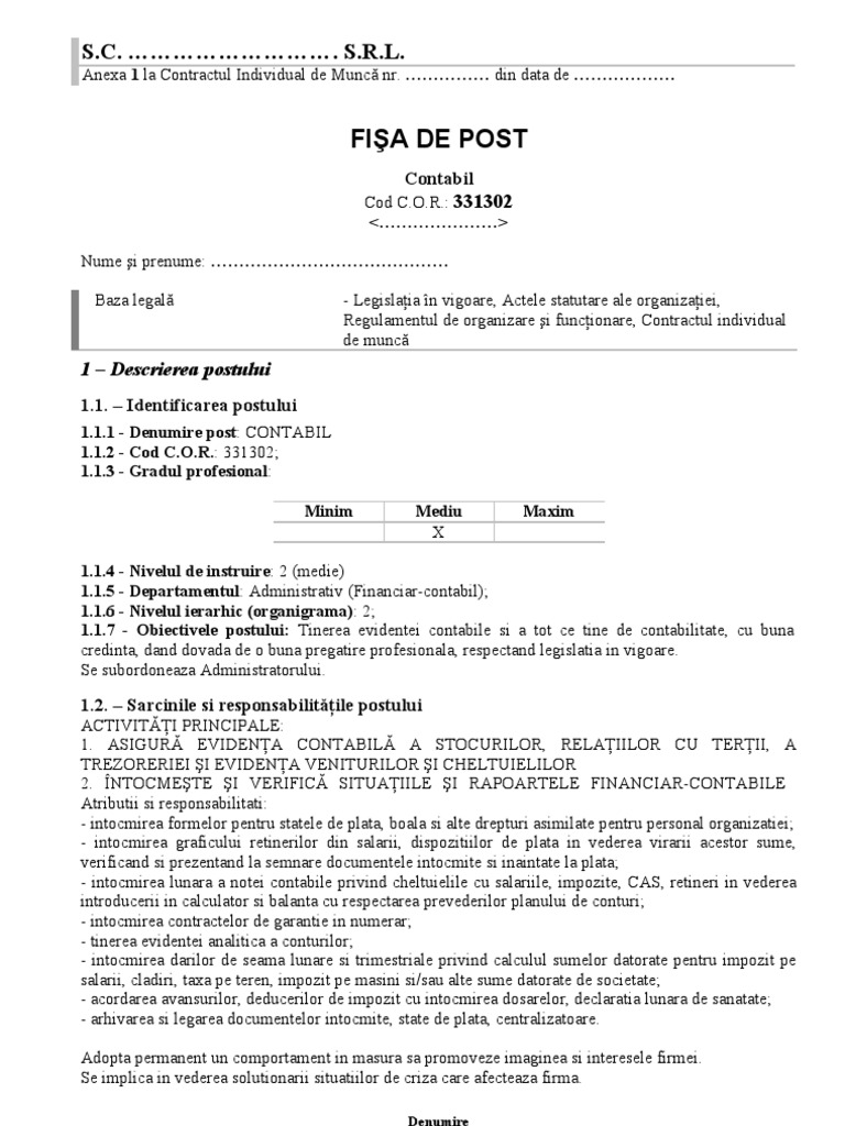 Fisa Postului Contabil | PDF