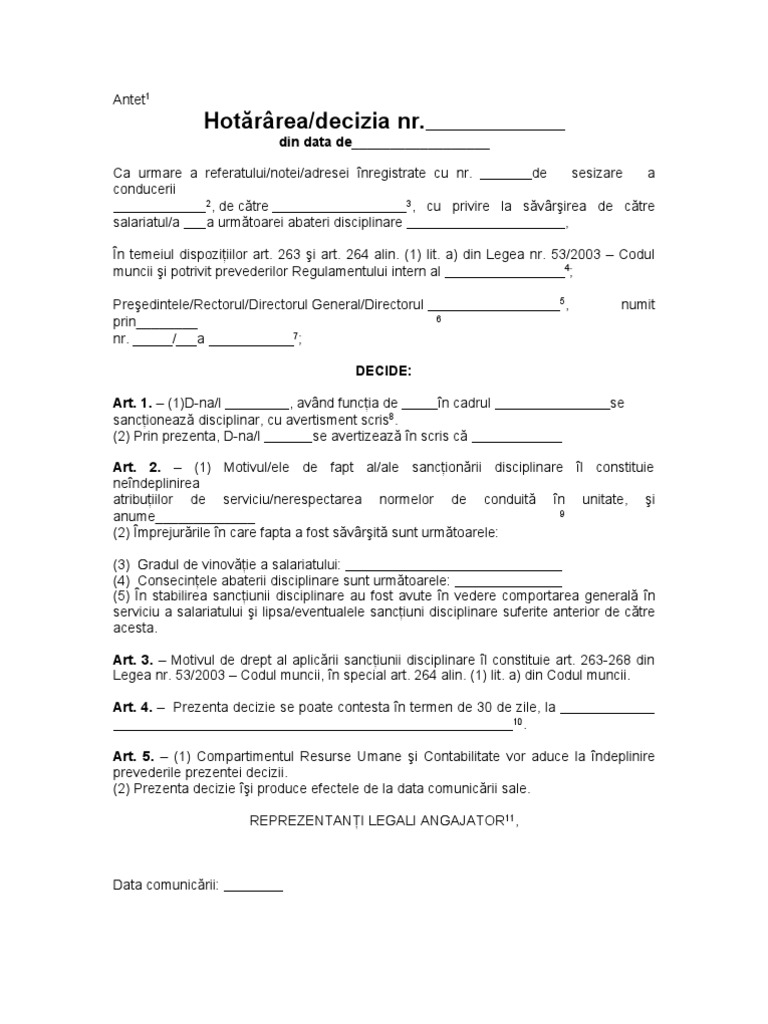 Decizie de Sanctionare Disciplinara_avertisment Scris