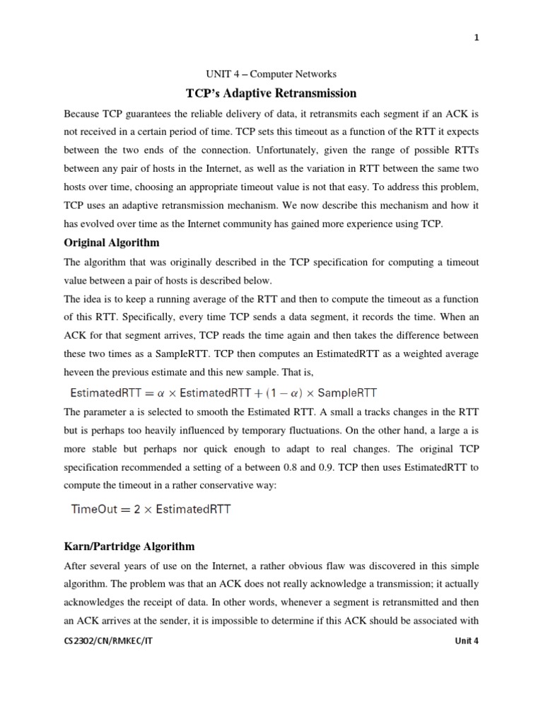 TCP's Adaptive Retransmission | PDF | Network Congestion | Transmission Control Protocol