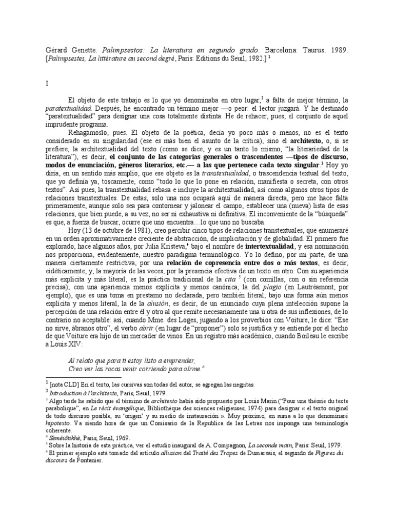 Transtextualidad y paratextualidad en Genette | PDF | Intertextualidad ...