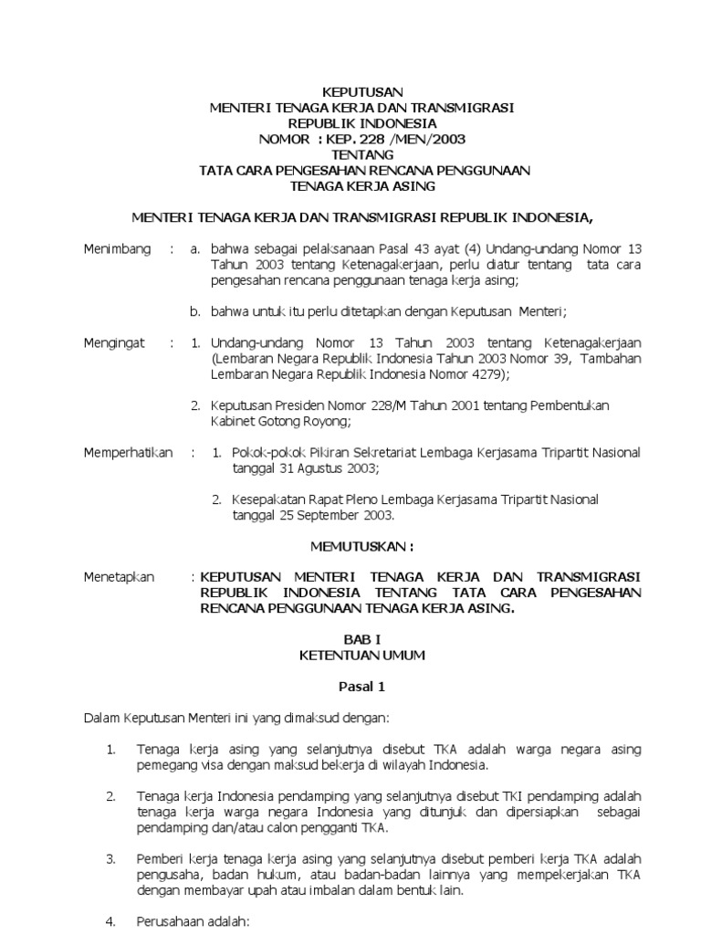 Kepmen 228 2003 TTG Tentang Pengesahan RPTKA | PDF