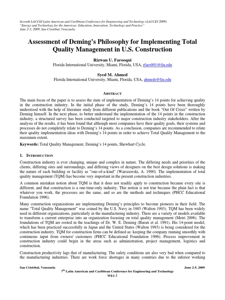 Assessing Implementation of Deming's 14 Points for Total Quality ...